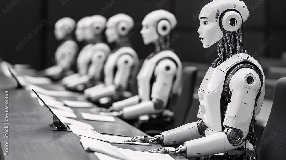 A robot business executive confidently addressing a team in a modern ...