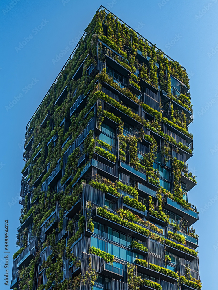 Urban skyscraper with a green facade composed of cascading plant ...