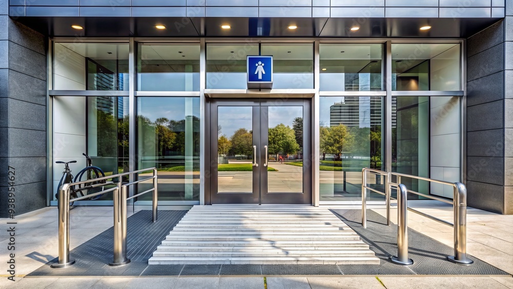 Ramped entrance with wide doors and Braille signage providing ...