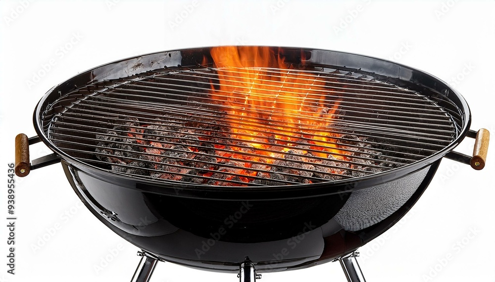 Empty round grills with a fire and coal isolated on white background ...