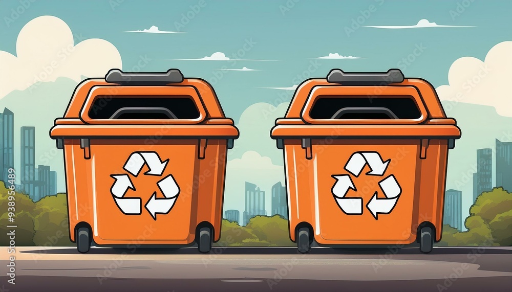 Open and closed orange trash bins with recycle symbols, flat style ...