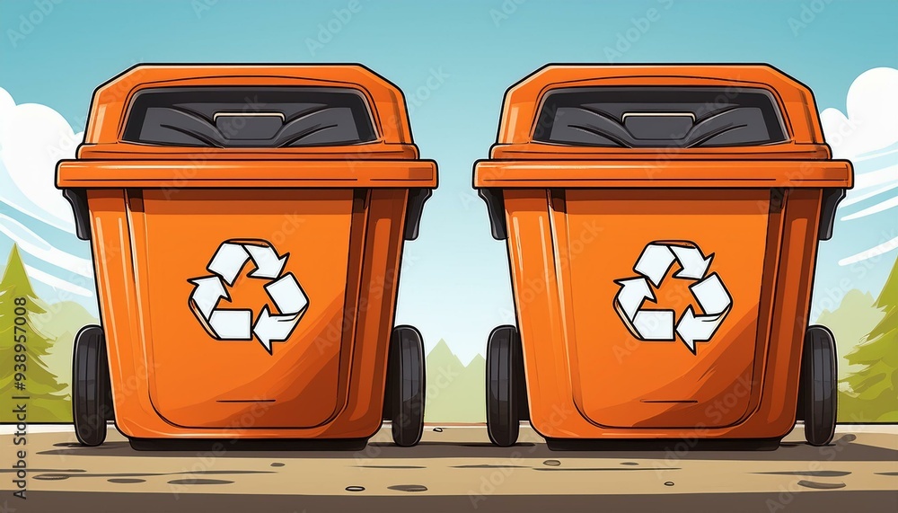 Open and closed orange trash bins with recycle symbols, flat style ...