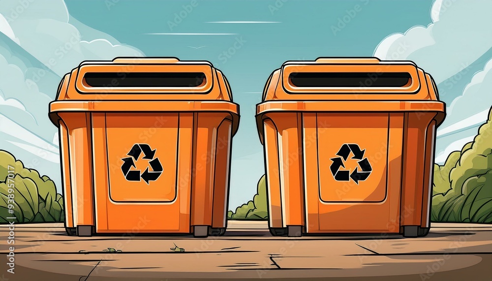 Open and closed orange trash bins with recycle symbols, flat style ...