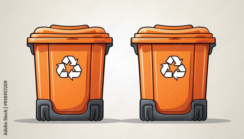 Open and closed orange trash bins with recycle symbols, flat style ...
