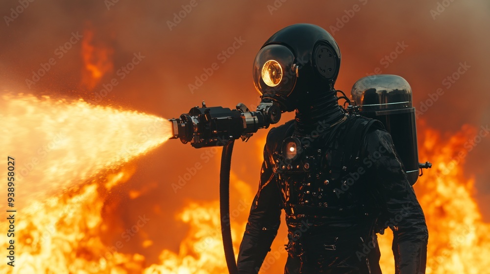 A firefighting android in full gear using high-tech tools to control a ...