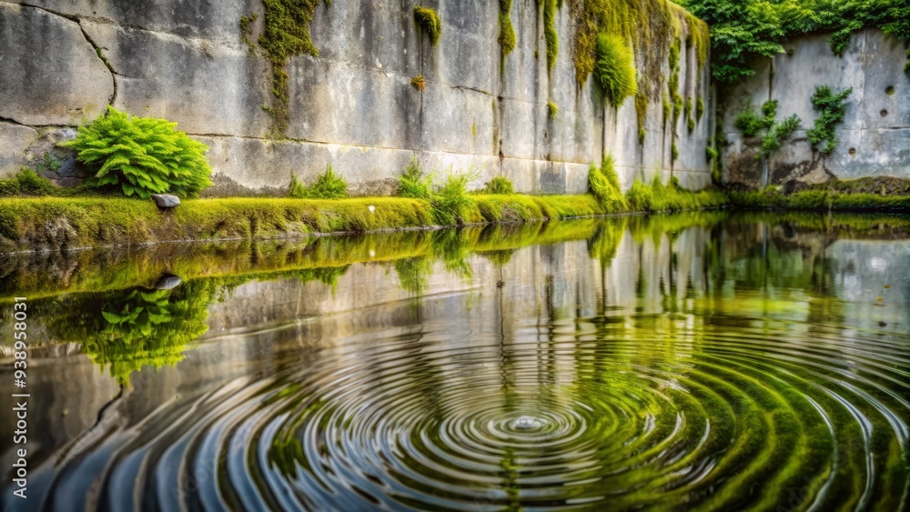 Ripples disturb the calm surface of a shallow pool of water reflecting ...