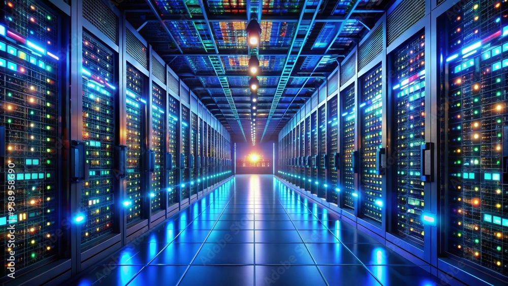 Rows of humming servers and blinking lights illuminate a vast, climate-controlled data center ...