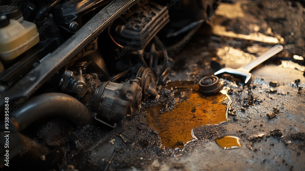 A close-up view of a car engine with oil leaking onto the ground ...