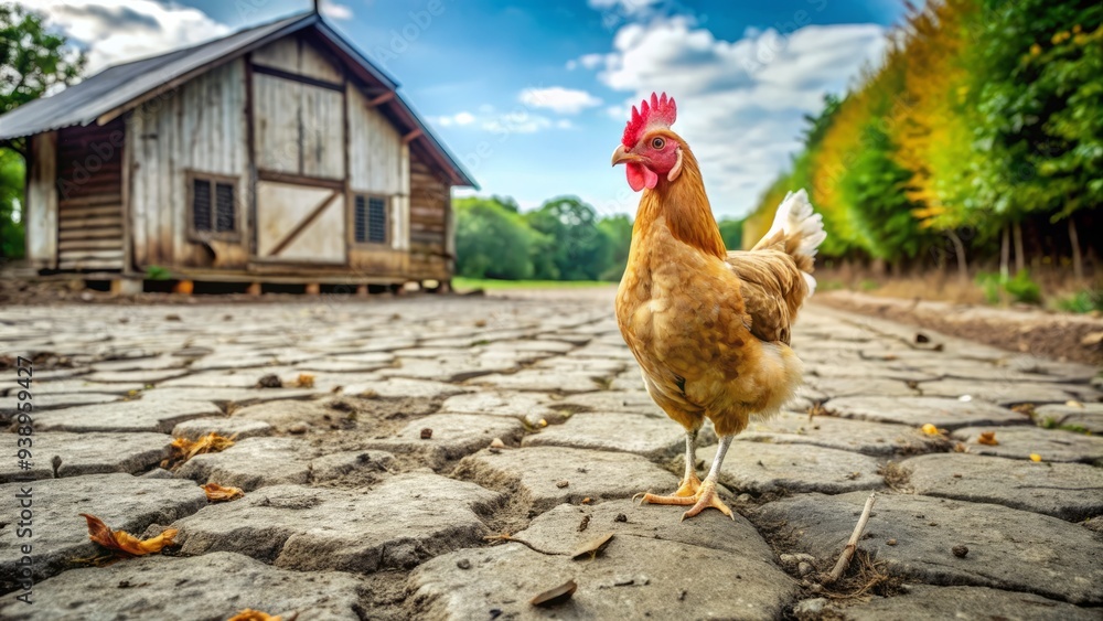 Rustic farm scene featuring a curious chicken standing amidst a trail ...