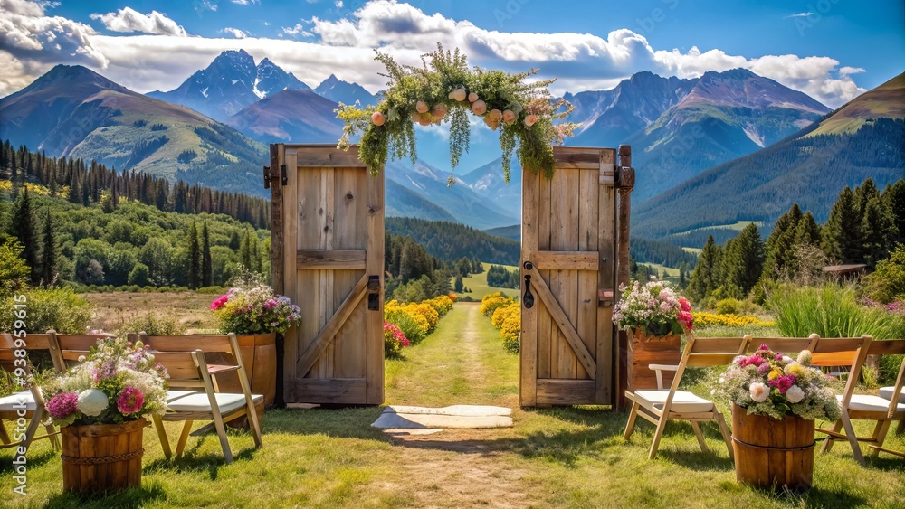 Rustic outdoor ceremony setup with vintage wooden doors, wildflowers ...