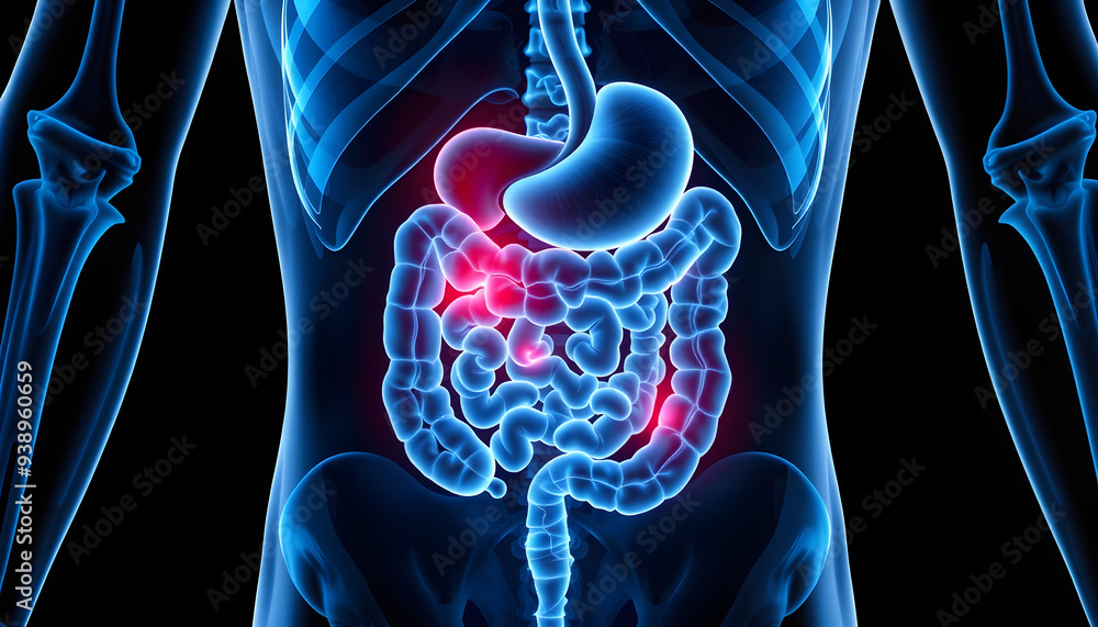 3d x-ray blue medical anatomy of stomach and bowel organs. Digestive ...