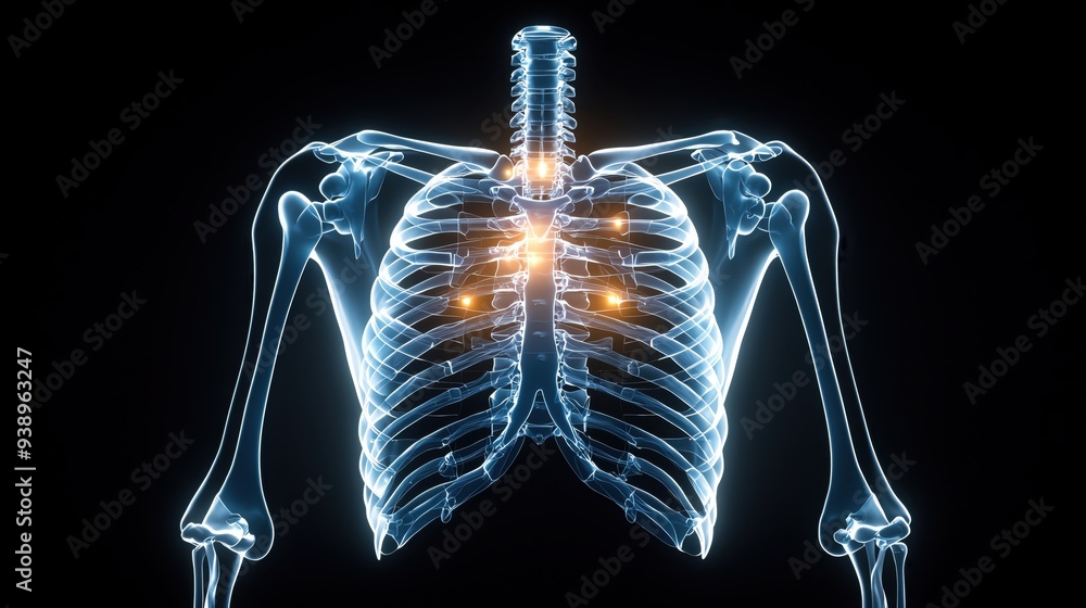 Detailed X-ray illustration of a human skeleton showcasing the rib cage ...