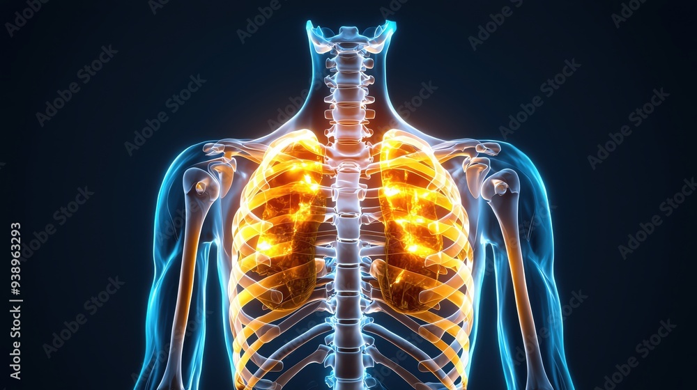 Anatomical illustration of a human skeleton with highlighted ribcage ...