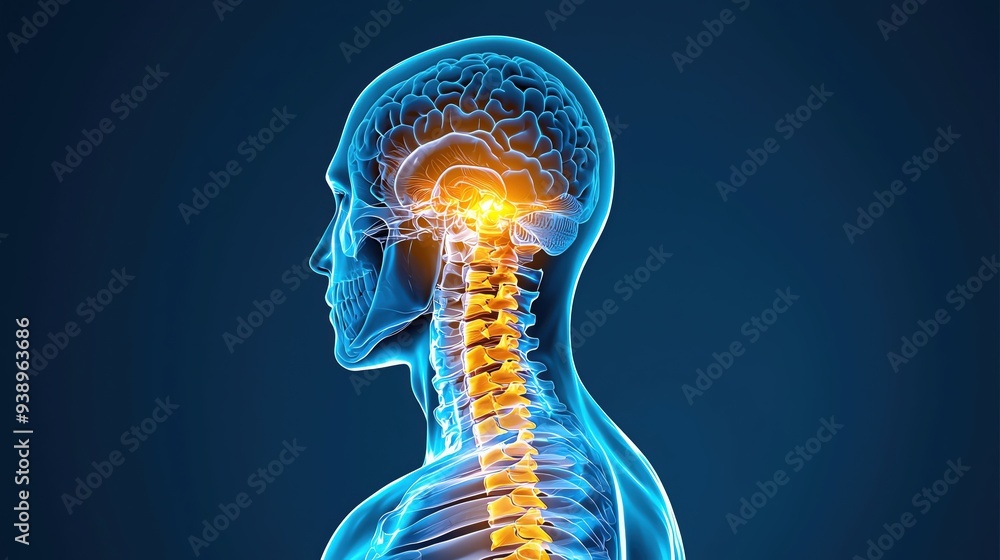3D illustration of the human brain and spine, showcasing neural ...