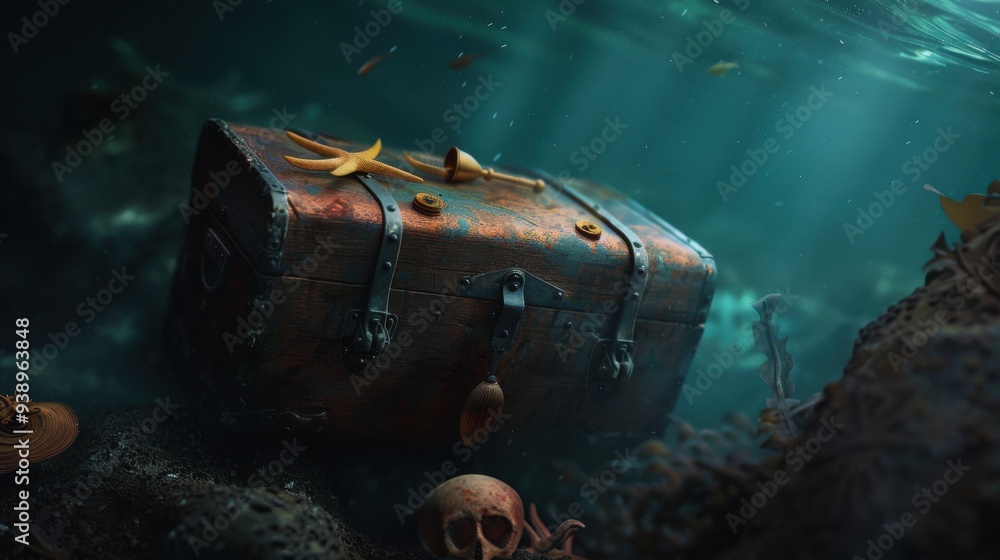Underwater scene featuring a sunken treasure chest with a mysterious ...