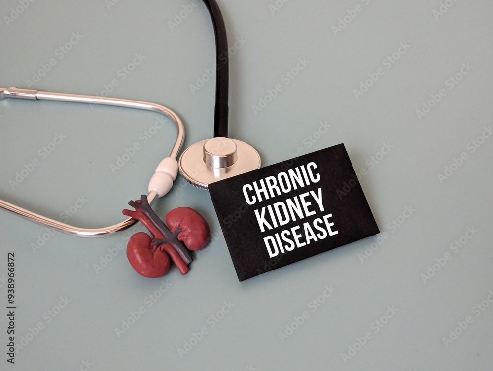 stethoscope, miniature human kidney model and sticky note with the ...