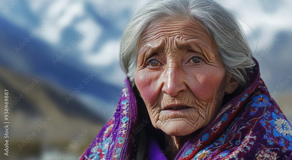 an old woman with gray hair and very wrinkled skin, . She is wearing ...
