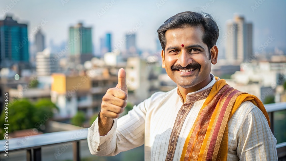 Smiling Indian businessman in traditional attire gives a confident ...