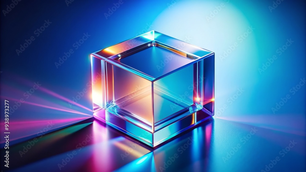 Sparkling clear glass cube floats against a vibrant gradient blue ...