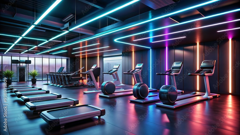 State-of-the-art gym equipment including treadmills and weights against ...