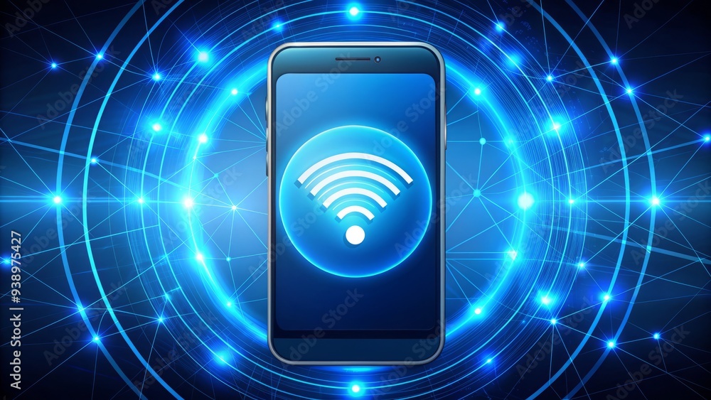 Stylized mobile phone icon with radiating signal lines and glowing blue ...