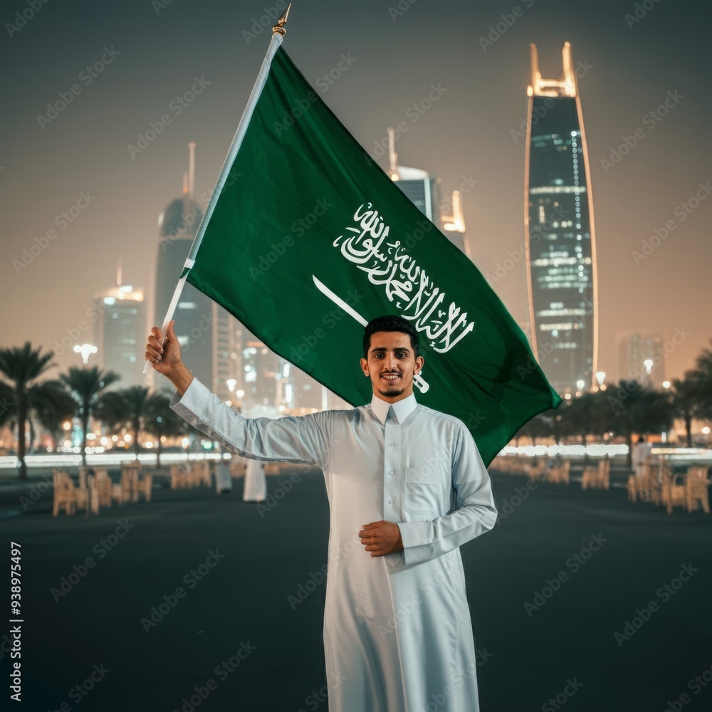 Saudi man holding Saudi Arabia flag on front of buildings, celebration ...