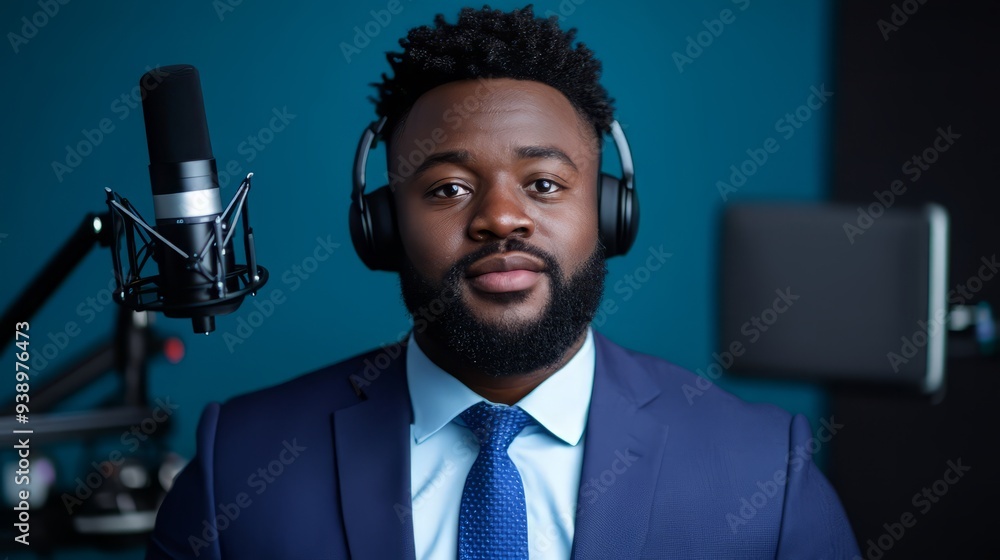 Professional podcaster in a studio, wearing headphones and a suit ...