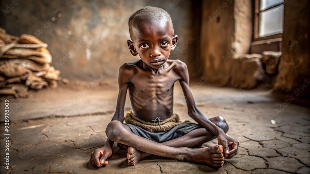 Undernourished child's frail body with visible ribs and sunken eyes ...