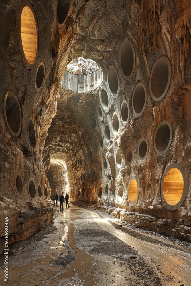 Visitors walk through a striking underground cavern featuring circular ...