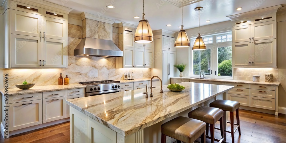 Warm beige stone countertops with subtle cracks and veining gleam under ...