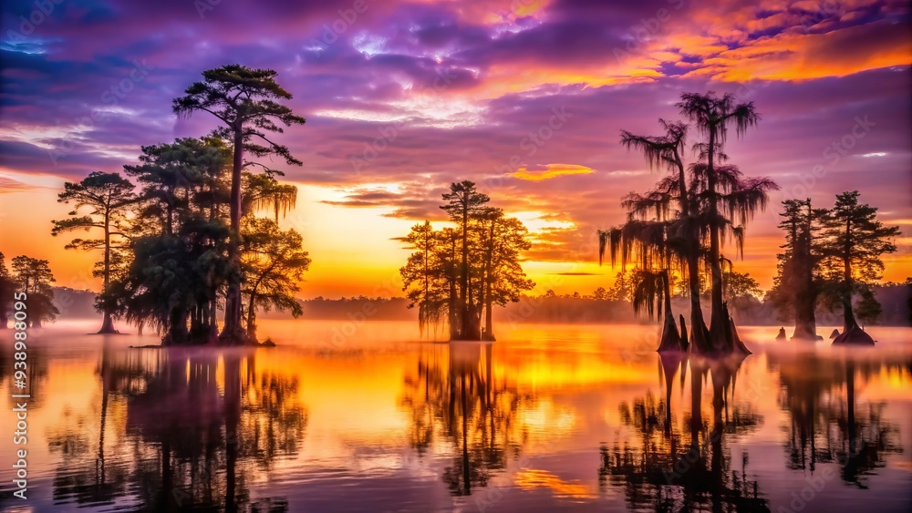Vibrant purple and orange sunset casts a warm glow on the iconic ...