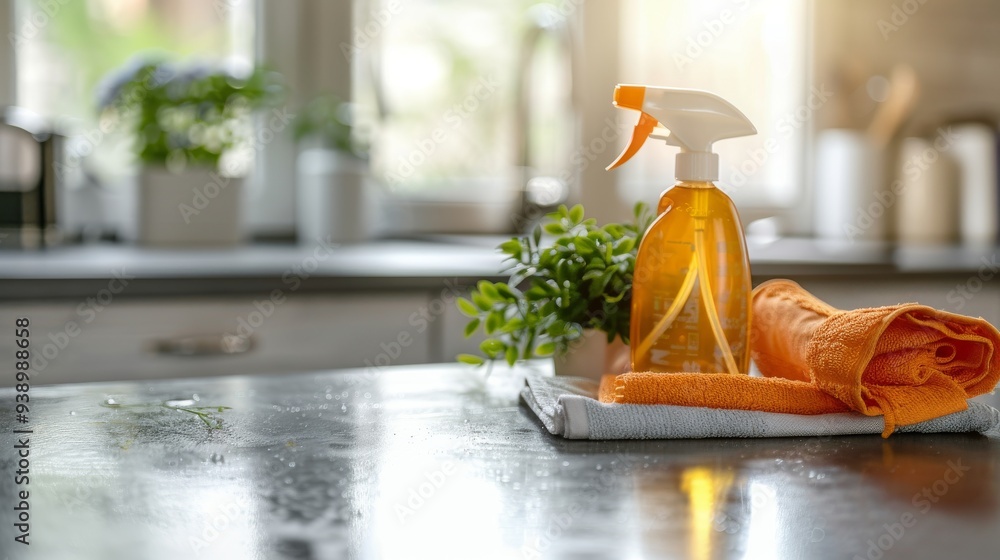 Cleaning home table sanitizing kitchen table surface with disinfectant ...