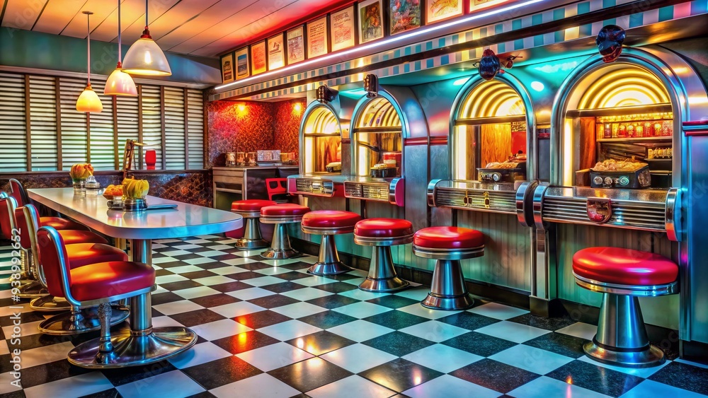 Vintage-style diner counter lined with jukeboxes, neon signs, and retro ...