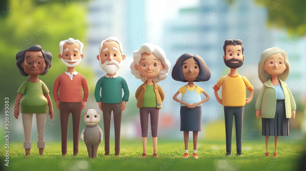 Cartoon-Style Group of Elderly and Middle-Aged Characters in a Park ...
