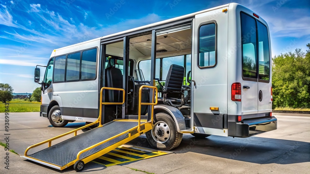 Wheelchair-accessible bus with ramp deployed, awaiting passengers with ...