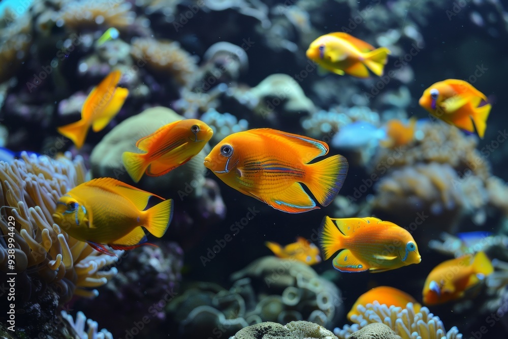 Bright orange fish navigate the coral reef while sunlight streams ...