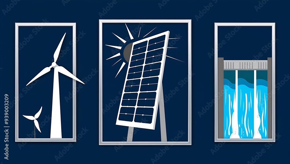 Renewable energy infrastructure with dam, wind turbine, solar panel in ...