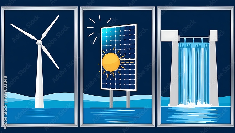 Renewable energy infrastructure with dam, wind turbine, solar panel in ...