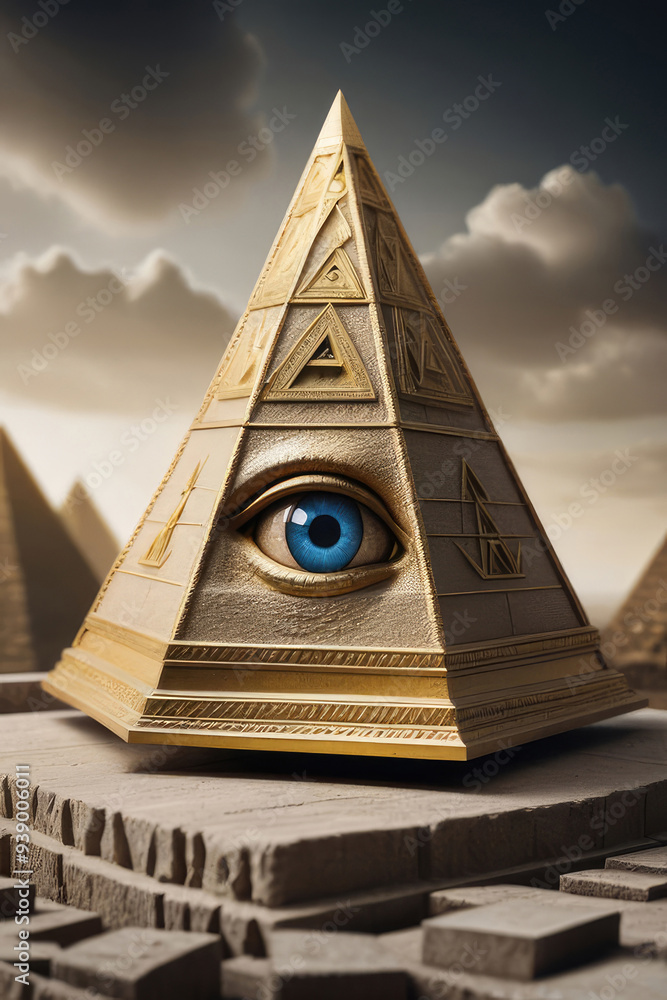 Eye of providence, all seeing eye, mason pyramid with gold details ...