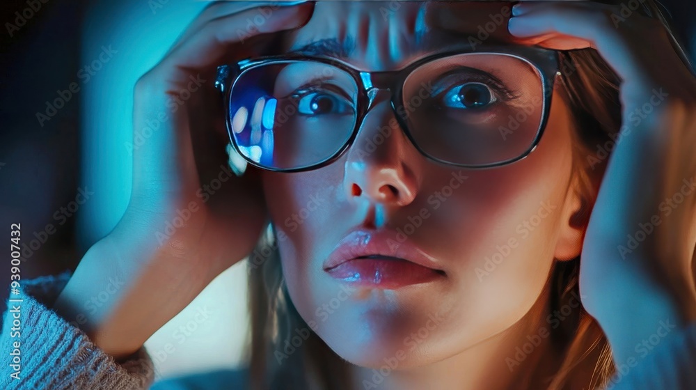 Woman removing glasses, looking tired from computer work, showing signs ...