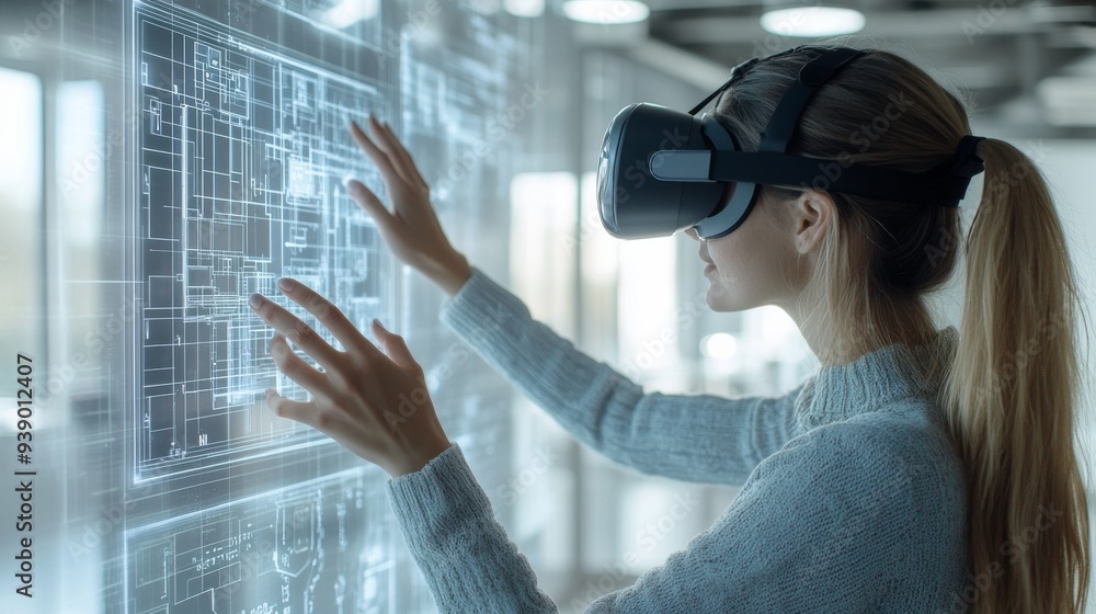 Wearing a VR headset, a woman interacts with a holographic blueprint in ...