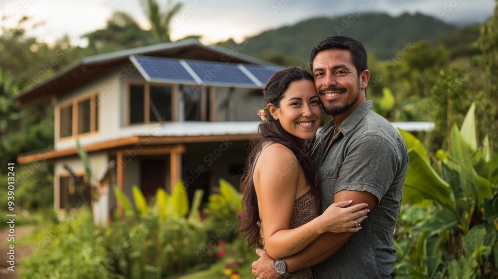 A cheerful Hispanic married couple shares a warm embrace outside their ...