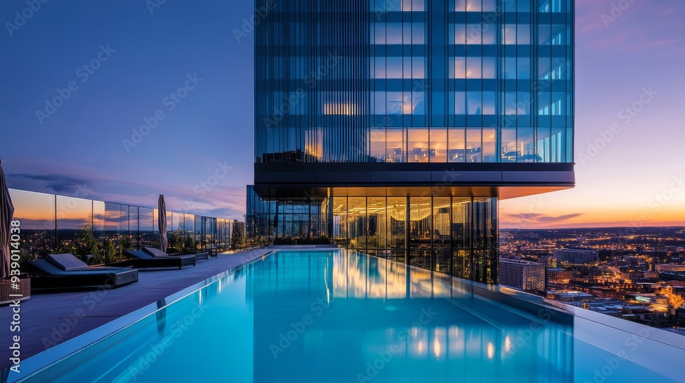 An elegant skyscraper rises high into the twilight sky, revealing a ...
