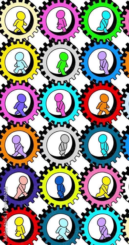 Cartoon stickmen different multi color people in cogs vertical. Society ...