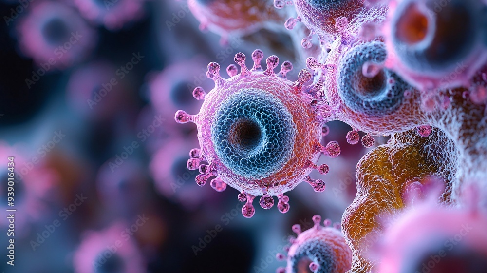 A close-up of the Monkeypox virus interacting with human cells under a ...