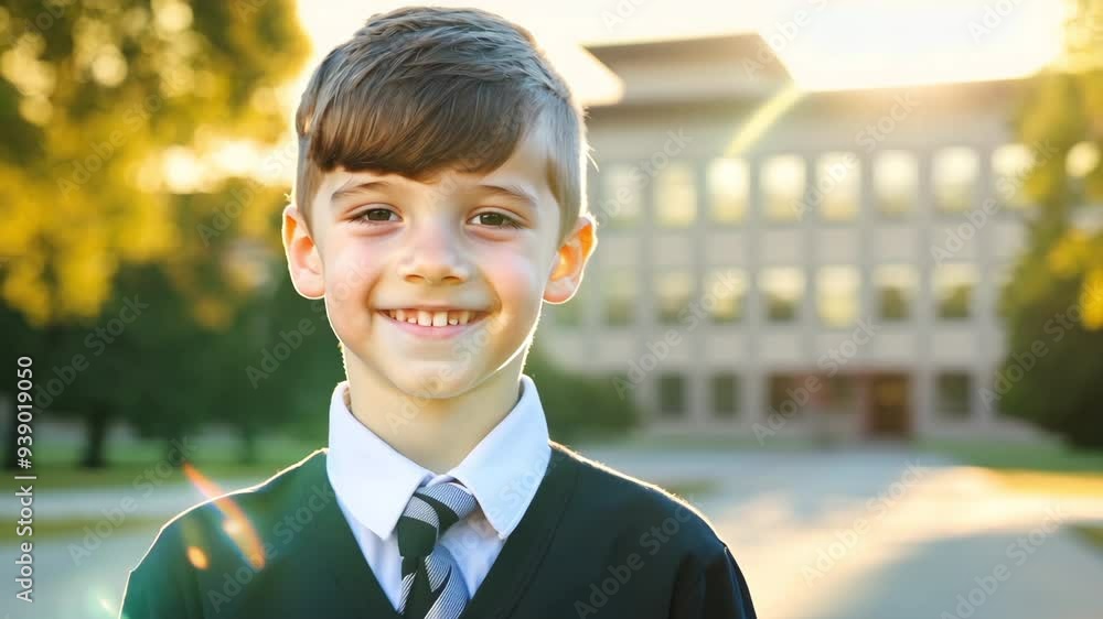 Portrait of cute handsome schoolboy stand in uniform. Little boy looks ...