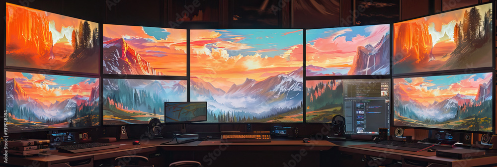 Virtual Art Studio: A desktop setup with multiple screens displaying ...