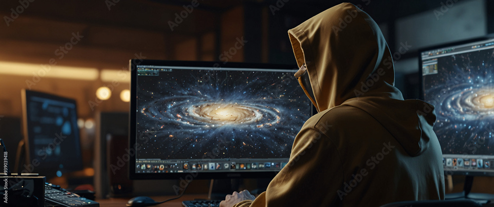 hacking with a mesmerizing depiction of an anonymous hacker, their back presented in a half-turn ...