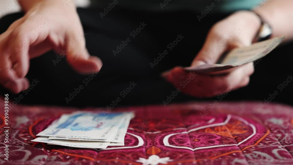 Iran's money, Iranian cheque. Man's hands counting large stack of rials ...