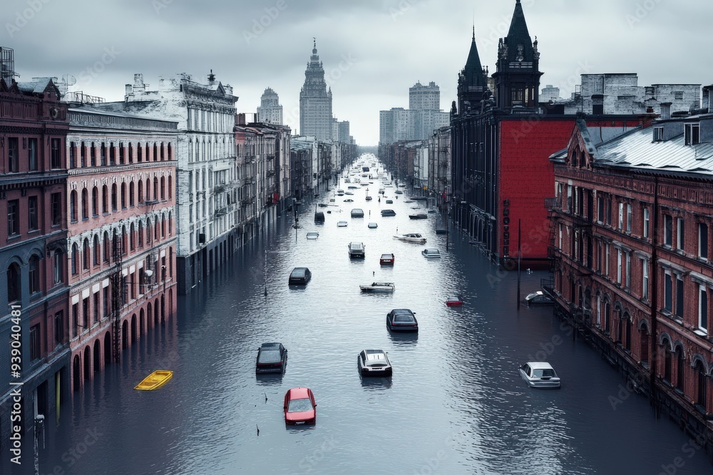 An urban scene depicting a major flood with numerous vehicles partially ...